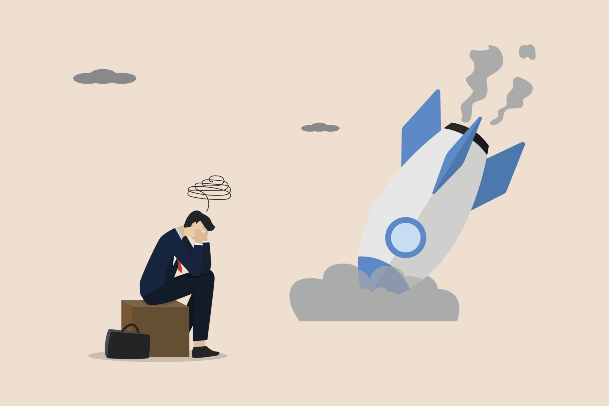 Businessman,With,Plans,And,Falling,Rocket.,Business,Failure,Or ...